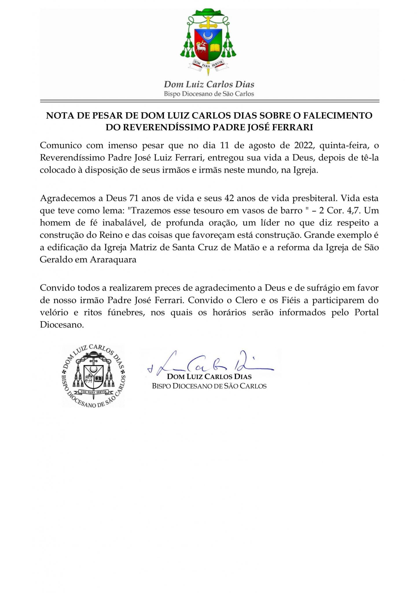 NOTA DE PESAR DE DOM LUIZ CARLOS DIAS SOBRE O FALECIMENTO DO ... NOTA DE PESAR DE DOM LUIZ CARLOS DIAS SOBRE O FALECIMENTO DO ...